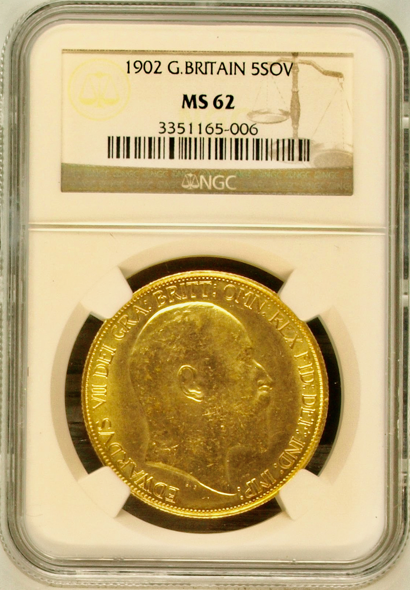 イギリス1902年エドワード7世 5ポンド金貨 NGC MS62